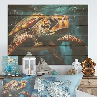 Designart "Abstract Representation Of A Turtles Swim Using" Turtle Blue Wood Panel On Natural ...